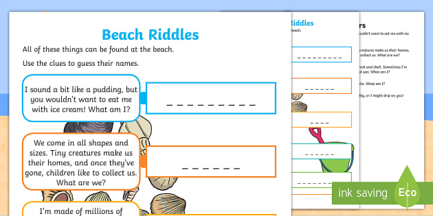 Beach Riddles Worksheet / Activity Sheet - seaside, holidays