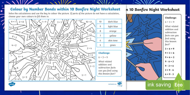 👉 Colour by Number Bonds within 10 Bonfire Night Worksheet