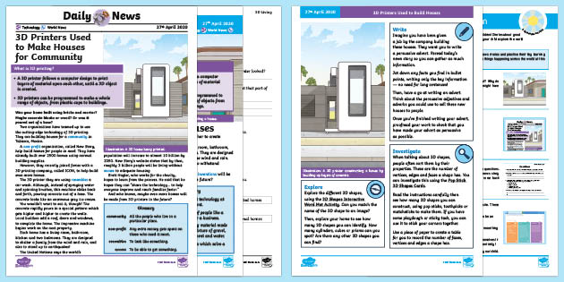 Houses Built Using 3D Printer Daily News Activity and Story Pack (ages ...