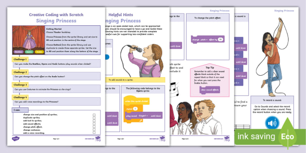 KS2 Singing Princess Scratch Worksheet - Computing - Twinkl