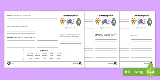 Monsterpedia Character Description Differentiated Worksheets