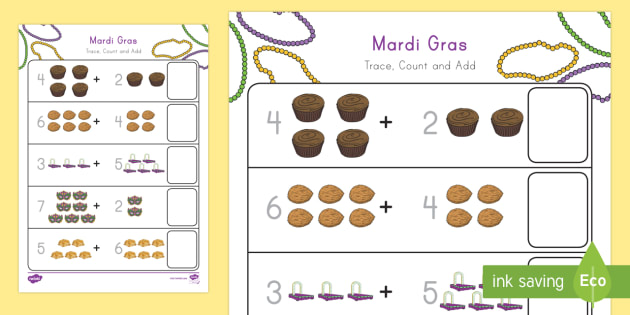 Mardi Gras Trace, Count and Add Worksheet / Activity Sheet - Mardi Gras ...