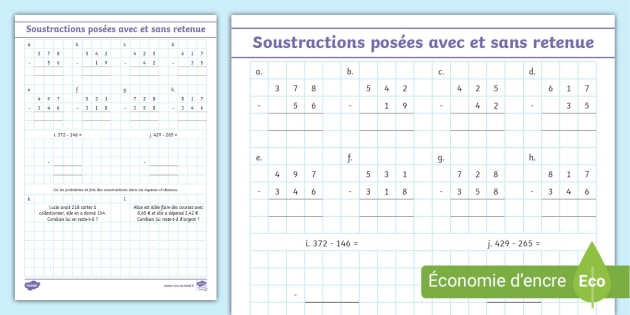 Soustractions posées à trois chiffres avec et sans retenue