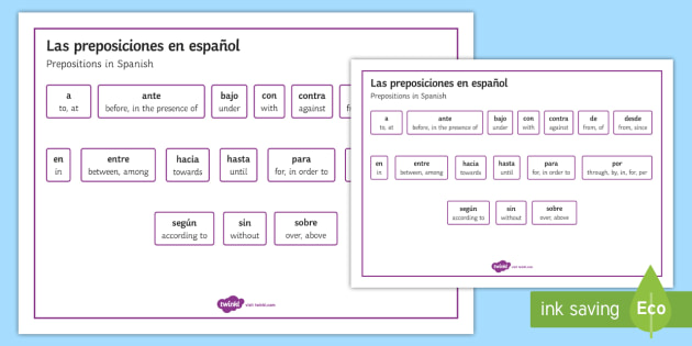 Prepositions Word Mat Spanish