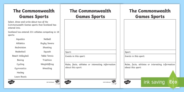 CfE The Commonwealth Games 2018 Writing Worksheet