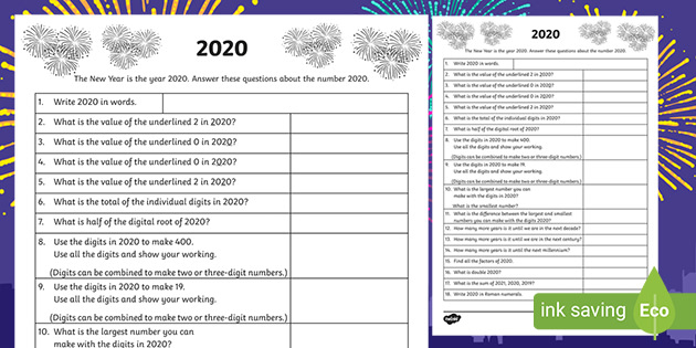 The Year 2020 Number Fact Challenge Worksheet Worksheet