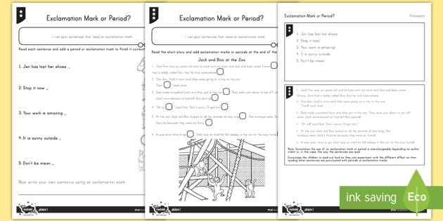 Exclamation Mark or Period Differentiated Worksheet / Worksheets