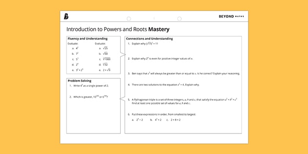 Introduction to Powers and Roots Mastery Worksheet