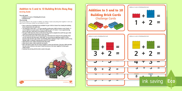 Addition to 5 and to 10 Building Bricks Busy Bag Resource Pack for Parents