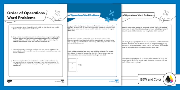 Order Of Operations Word Problems Worksheets With Answers Two Step