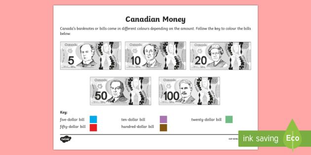 Canadian Money Worksheet | K-3 Banknotes Colouring Page