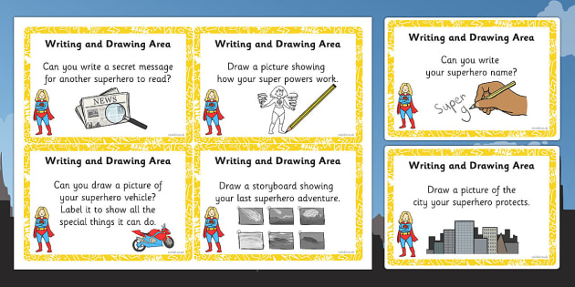 EYFS Superhero Themed Writing and Drawing Area Challenge Cards