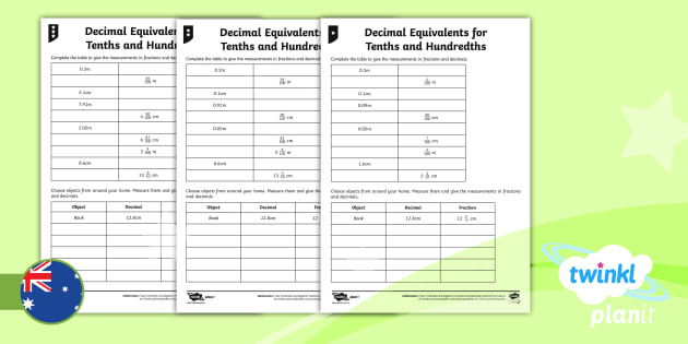 Year 4 Decimal Equivalents for Tenths and Hundredths Home Tasks