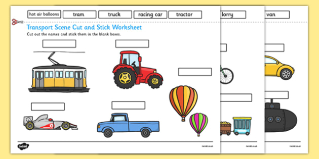 Transport Scene Labelling Cut and Stick Worksheet - transport