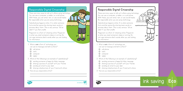 Second Grade Responsible Digital Citizenship Reading Passage Comprehension