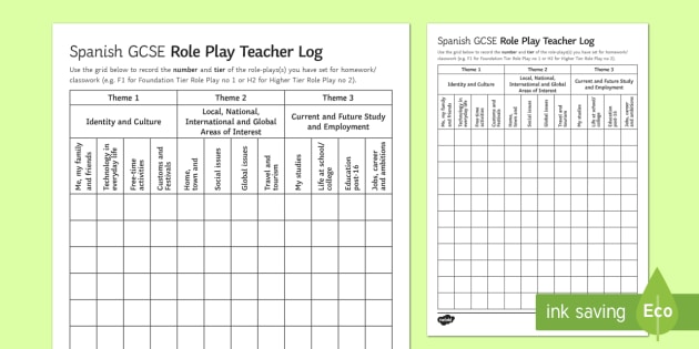 GCSE Spanish Role Play Teacher Log (teacher made)