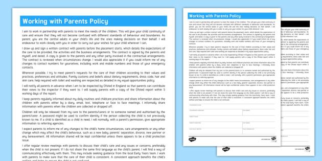 Working with Parents Policy for Childminder - childminder, policy