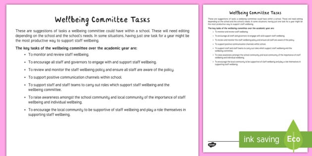 Wellbeing Committee Tasks Adult Guidance (teacher made)