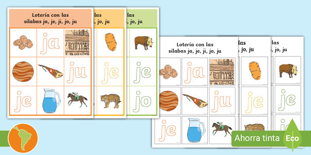 Lotería con las sílabas ja, je, ji, jo, ju (teacher made)