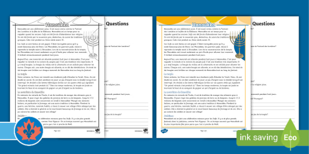 Hanukkah Intermediate Reading Comprehension Activity French