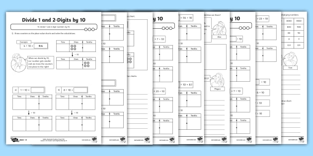 👉 Divide 1 and 2-digits by 10 maths activity sheets