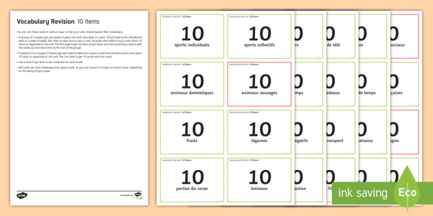 Vocabulary Revision 10 Items Challenge Cards French