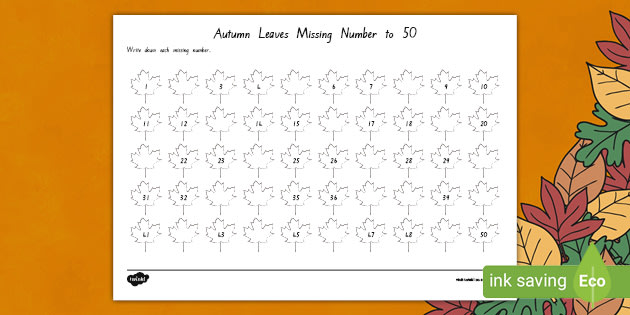 Autumn Leaves Missing Number to 50 Worksheet