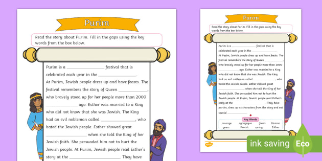 KS1 Purim Cloze Activity (teacher made)