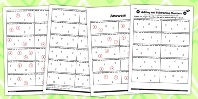 Number Facts Finding Pairs Worksheet 2-8