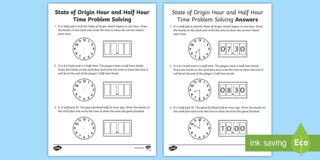 State of Origin Hour and Half Hour Time Problem Solving Worksheet ...