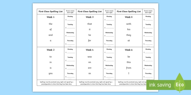 First Class Spelling Sheets Weeks 1-6 Cards (teacher made)