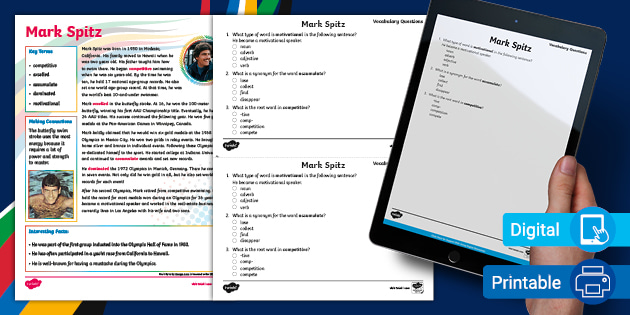 Fourth Grade U.S. Olympians: Mark Spitz Fact File and Vocabulary Questions