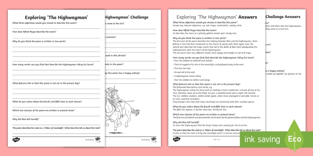 Exploring The Highwayman Reading Comprehension Activity - highwayman