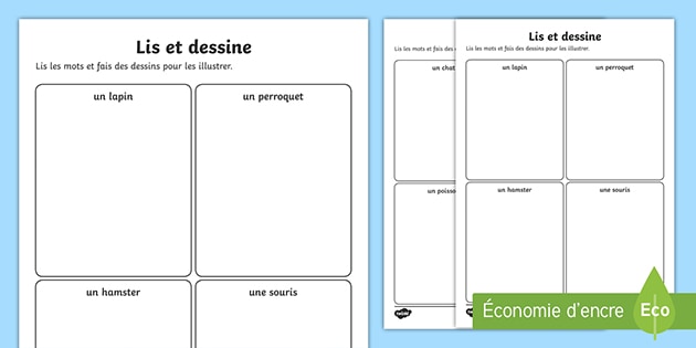 Activité de lecture de mots et dessin : les animaux