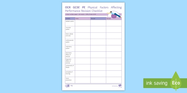 GCSE PE: Physical Factors Affecting Performance Revision Checklist