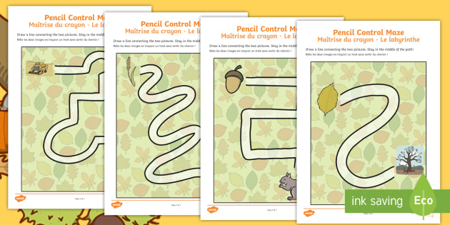 Autumn Themed Pencil Control Maze Worksheet / Worksheets English/French