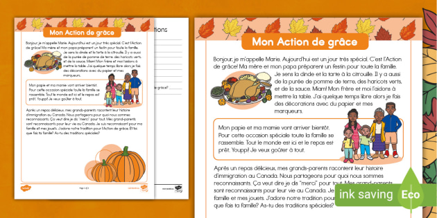 Thanksgiving in Canada Fiction Reading Comprehension French
