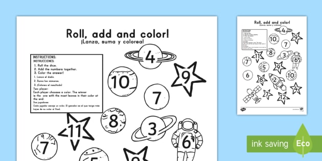 Addition Activity Space Roll and Color English/Spanish - Space Roll and ...