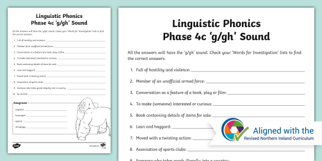 NI Linguistic Phonics Phase 4c ‘g/gh’ Sound Word Worksheet