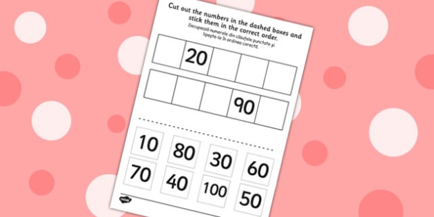Counting in 10s Cut and Stick Worksheet Romanian Translation