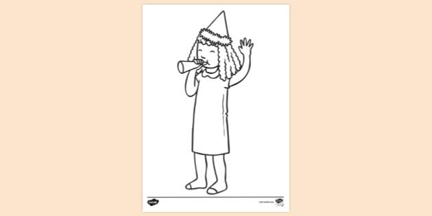 Girl with Party Hat Colouring Sheet | Colouring Sheets