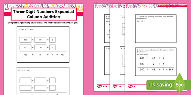 Three-Digit Numbers Expanded Column Addition Worksheets