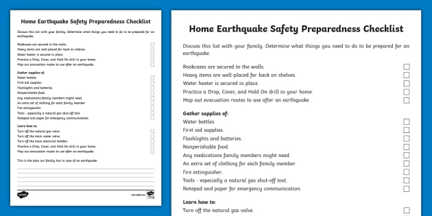 Earthquake Home Checklist CHECKLIST: What Should Households Prepare