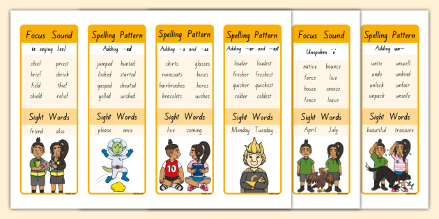 Phonics Level 5 Focus Words Spelling Bookmarks: Weeks 21-30