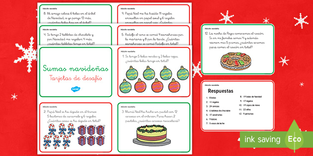 Tarjetas de desafío de matemáticas: Sumas navideñas.