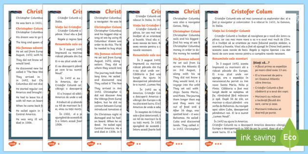 Christopher Columbus Explorer Differentiated Fact File English/Romanian