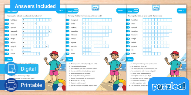 Fun Seaside Word Jumble Puzzle Pack - AL - Twinkl Puzzled