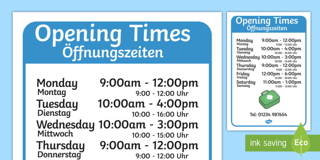 Doctor's Surgery Opening Times Poster English/German