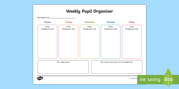 Ks1 Weekly Pupil Mindfulness Organiser Worksheet / Worksheet