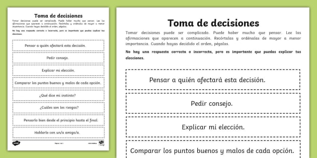 Hojas De Trabajo Para Niños Sobre Cómo Tomar Buenas Decisiones